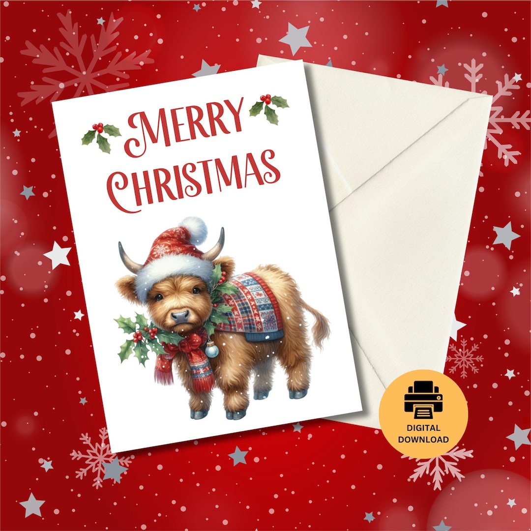 Printable Highland Cattle Christmas Card, Downloadable Scottish Cattle ...