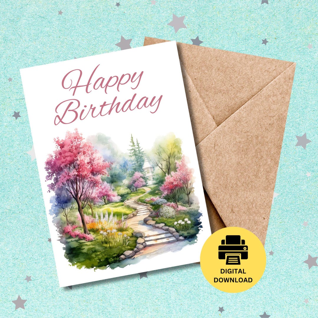 Printable Spring Landscape Birthday Card, Digital Download Watercolour ...