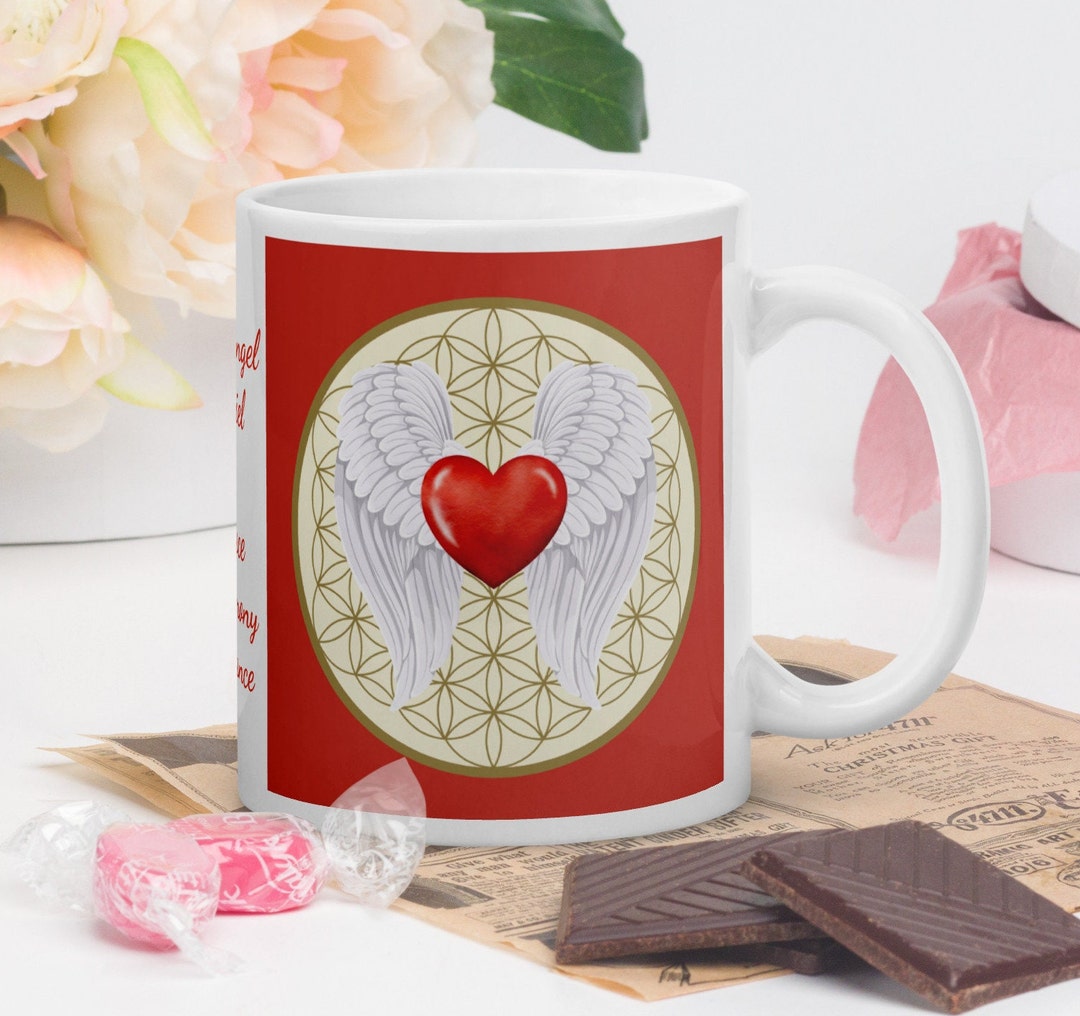 Archangel Uriel Angel Wings Mug, Flower of Life and Red Heart Cup ...