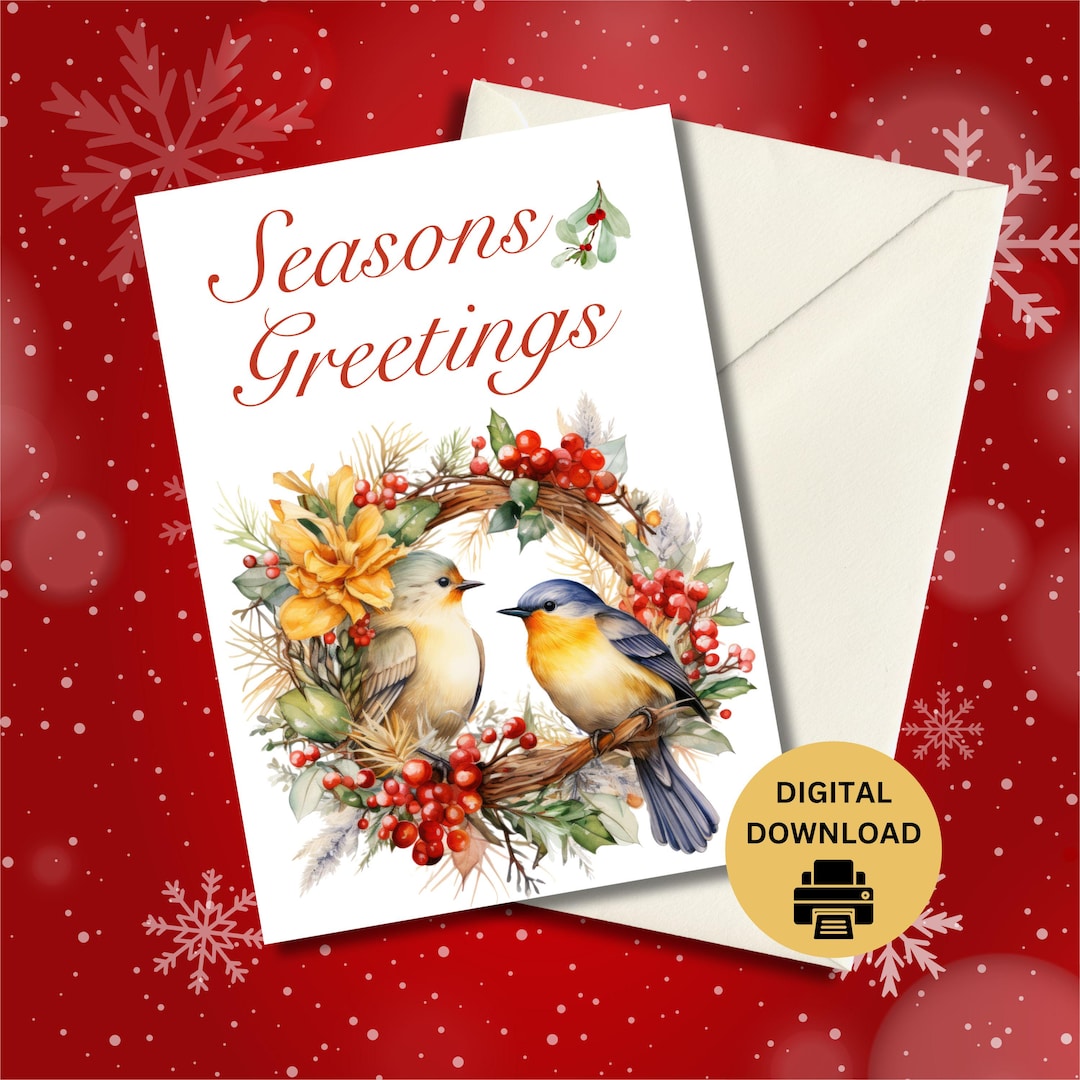 Printable Birds Christmas Card, Downloadable Xmas Greetings Card ...