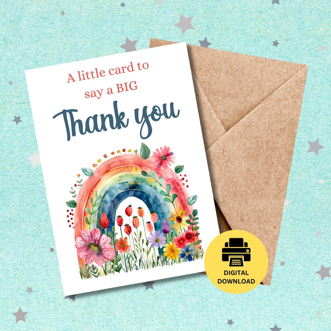 Printable Rainbow Thank You Card, Downloadable Floral Greetings Card ...