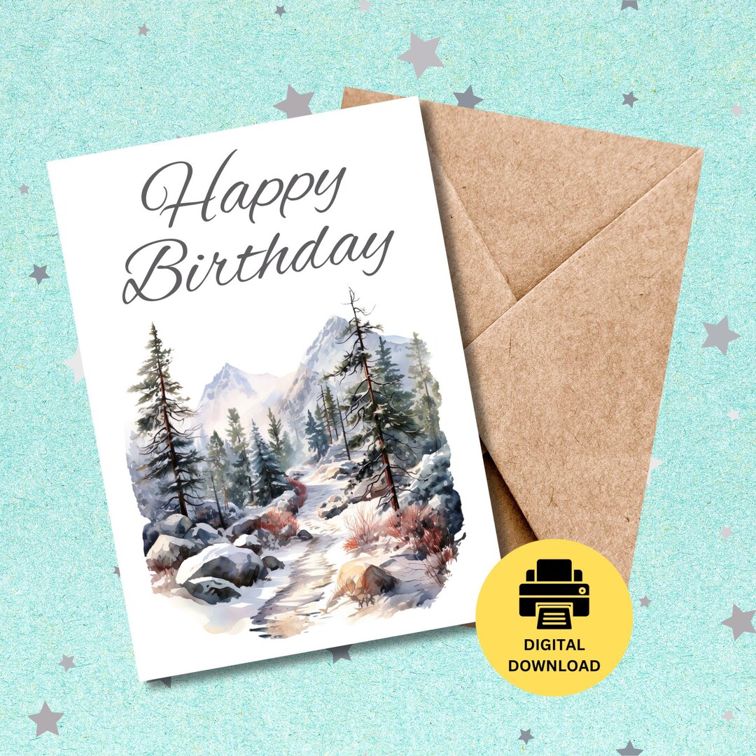 Printable Winter Landscape Birthday Card, Digital Download Watercolour ...