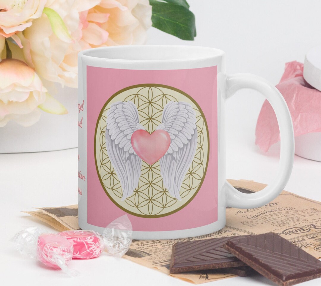 Archangel Chamuel Angel Wings Mug, Flower of Life and Rose Quartz Heart ...