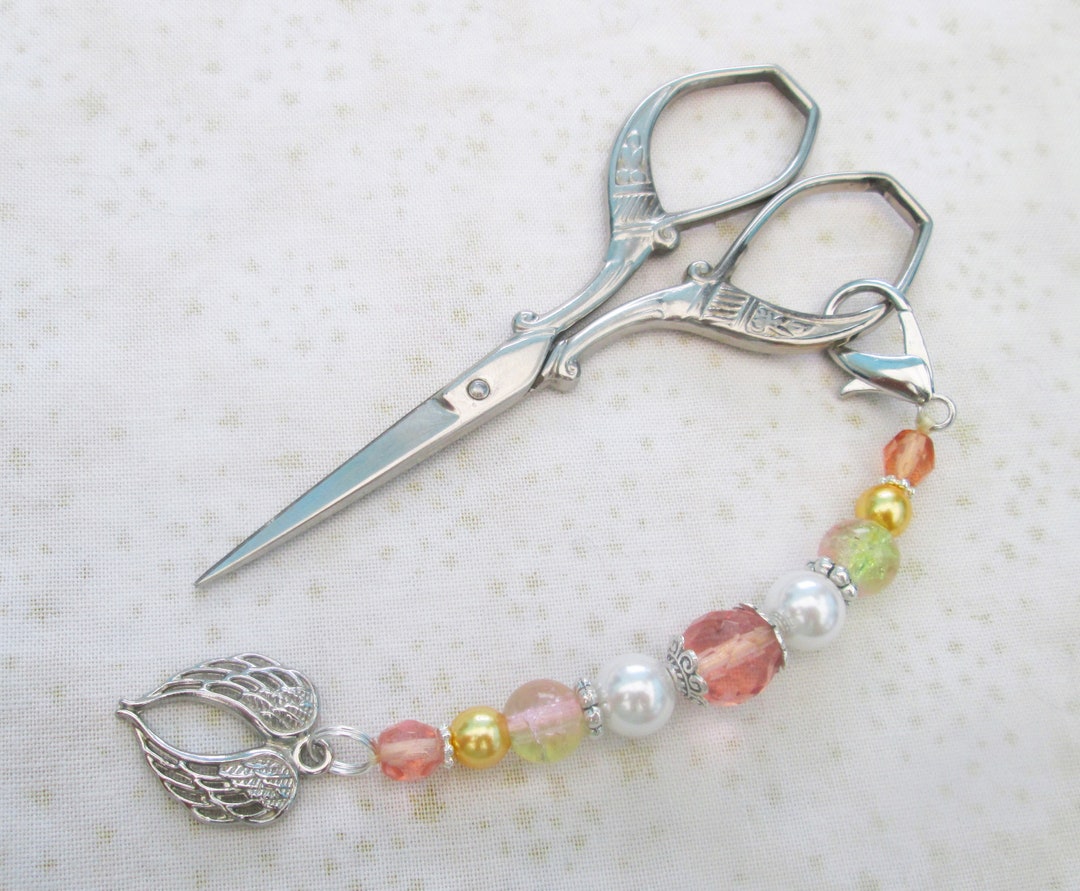 Handmade Angel Wings Scissor Fob, Peach, Yellow and Silver Beaded ...