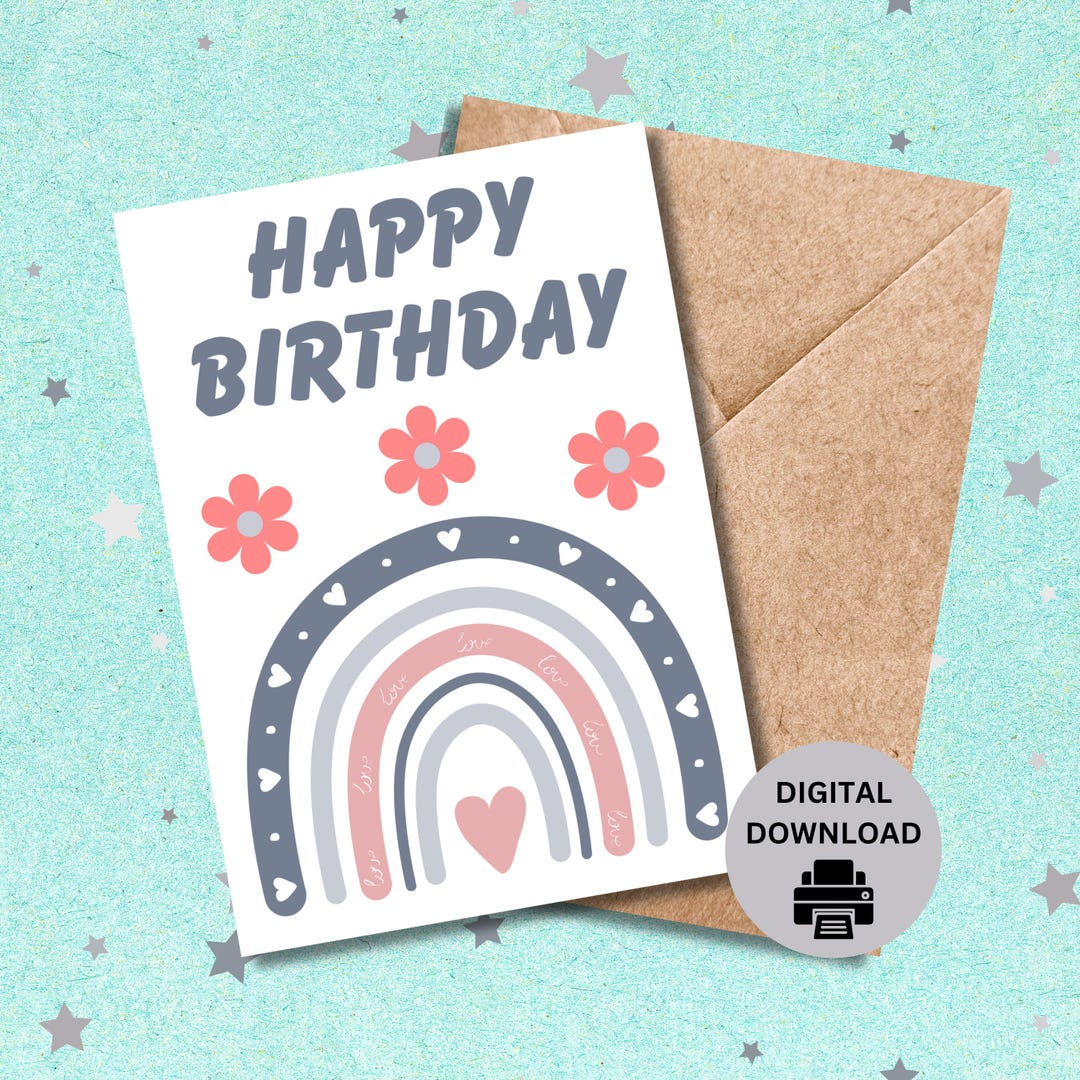 Printable Boho Rainbow Birthday Card, Downloadable Rainbow Greetings ...
