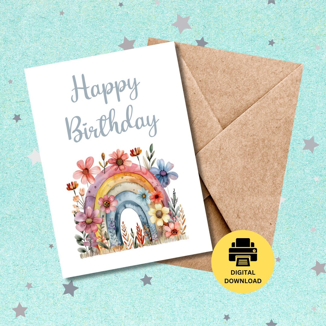 Printable Boho Rainbow Birthday Card, Downloadable Rainbow Greetings Card, Digital Download ...