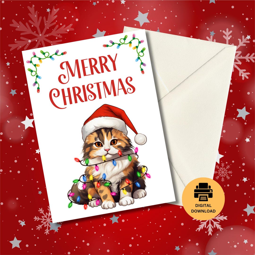 Printable Cute Cat Christmas Card, Downloadable Xmas Greetings Card ...