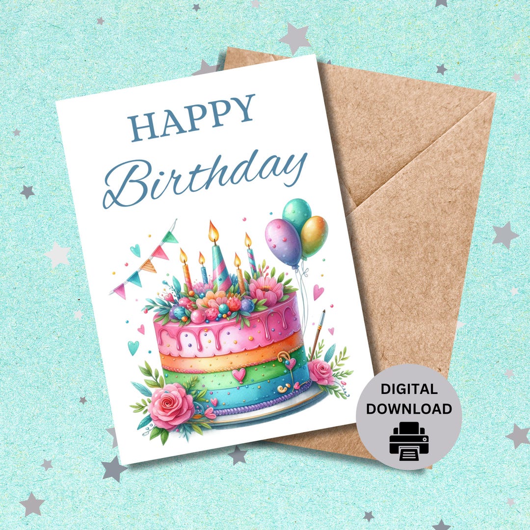 Printable Multi Coloured Birthday Cake Card, Downloadable Rainbow Cake ...