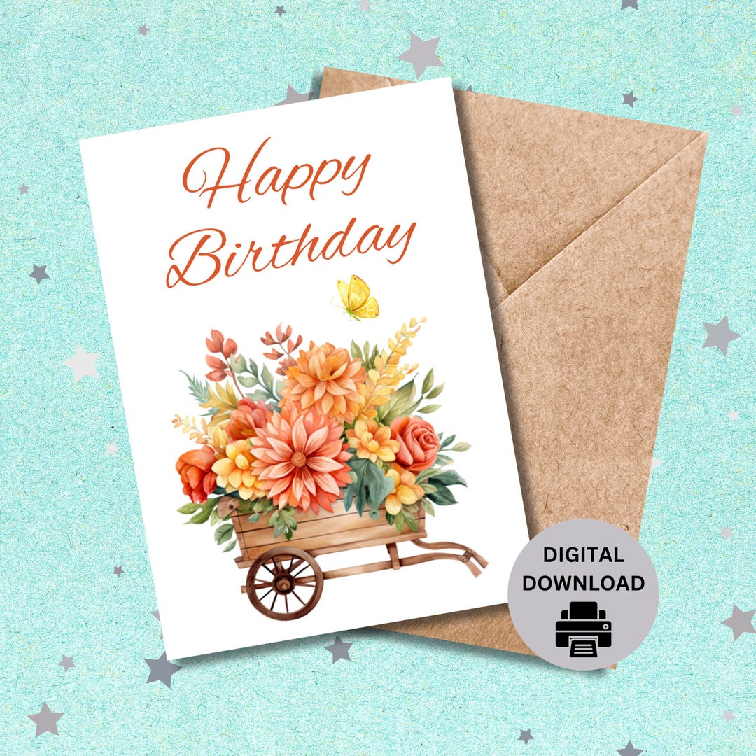 Printable Flower Cart Birthday Card, Downloadable Nostalgic Greetings ...