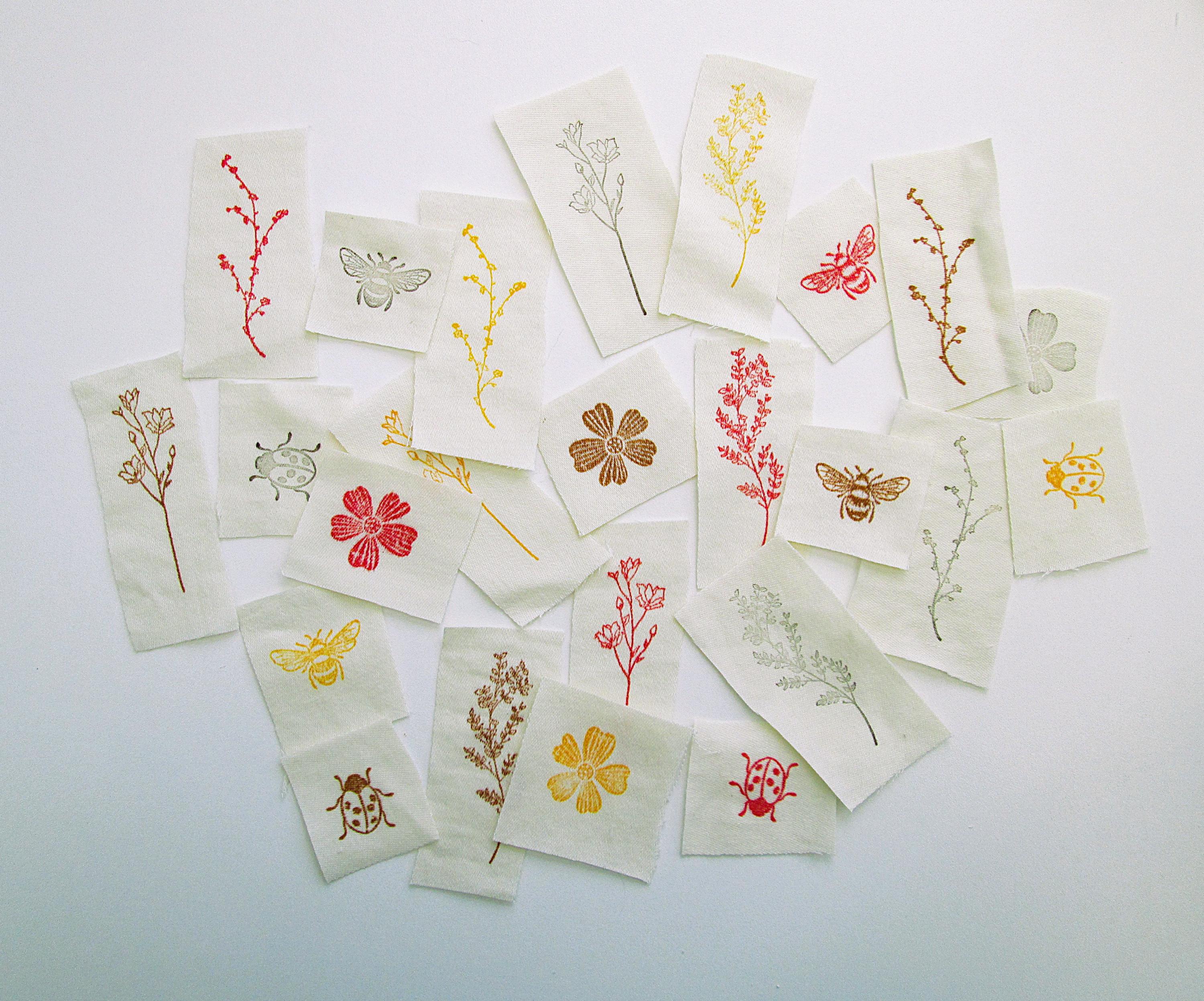 Hand Stamped Bees, Ladybirds and Flower Snippets for Slow Stitching ...