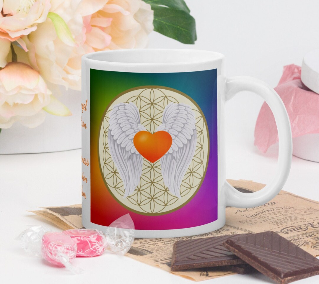 Archangel Metatron Angel Wings Mug, Flower of Life and Orange Heart Cup ...