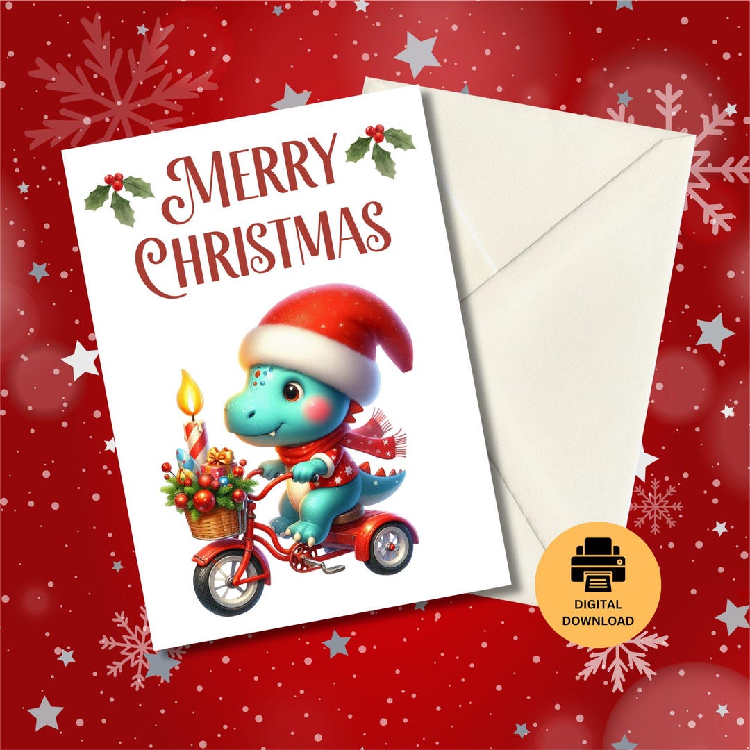 Printable Cute Dinosaur Christmas Card, Downloadable Xmas Greetings ...