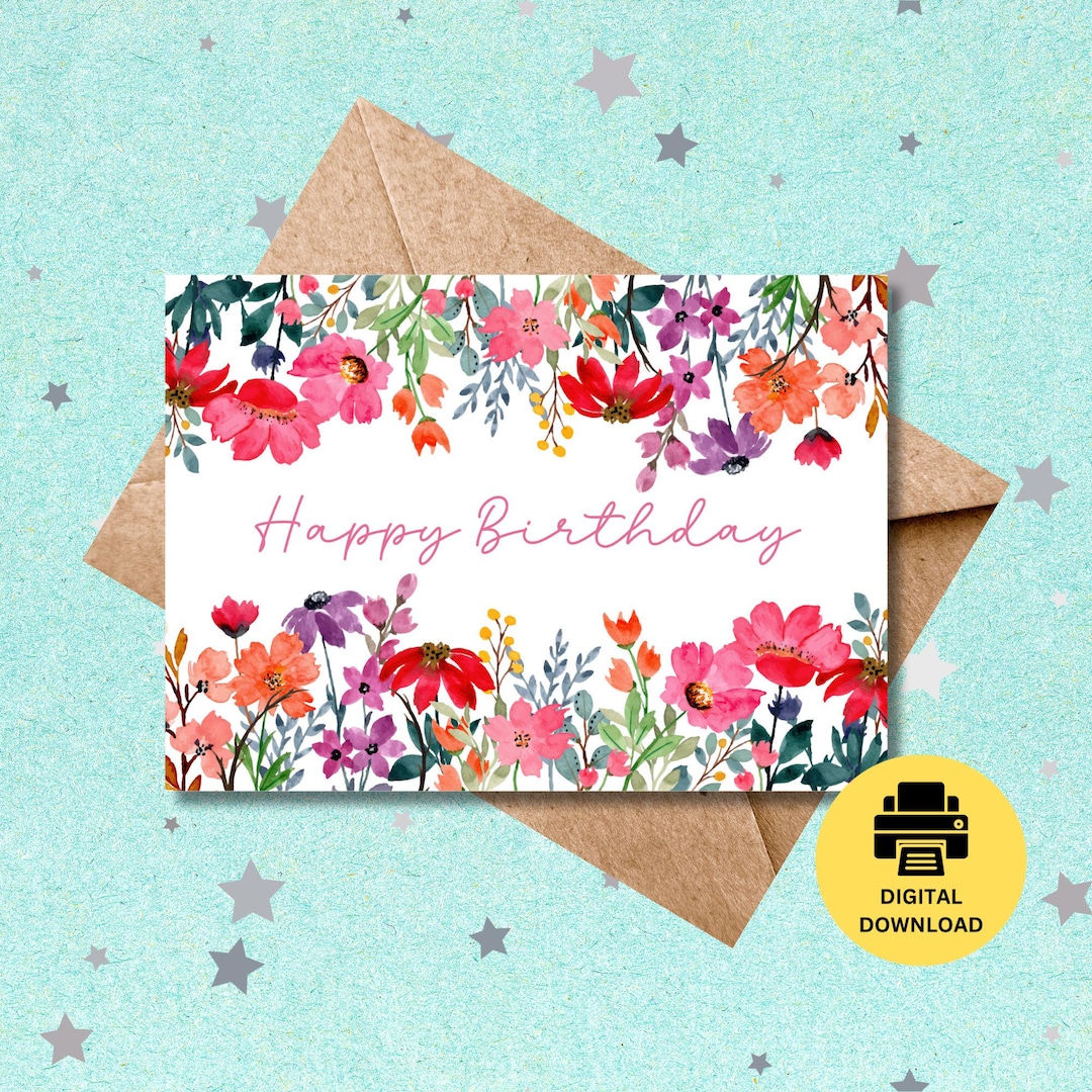 Printable Pink Floral Birthday Card, Instant Downloadable Greetings ...