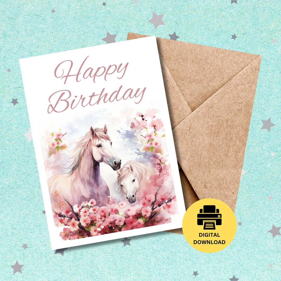 Printable White Horses Birthday Card, Downloadable Horse Lover Card ...