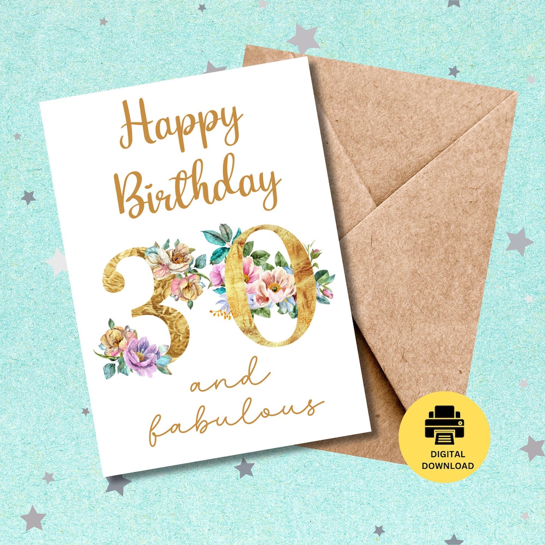 Printable 30th Birthday Card, Downloadable Greetings Card, Digital ...