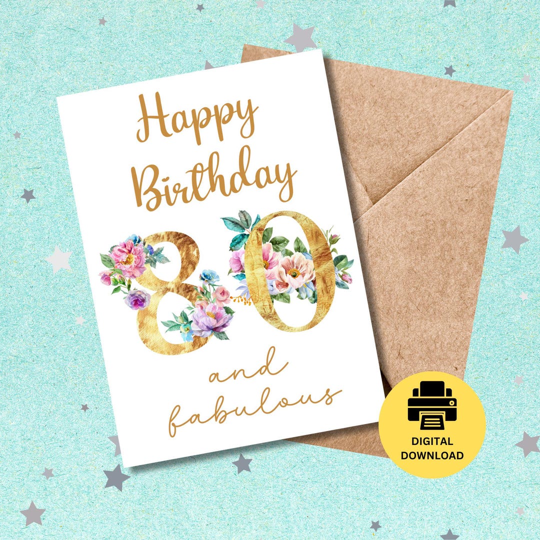 Printable 80th Birthday Card, Downloadable Greetings Card, Digital ...