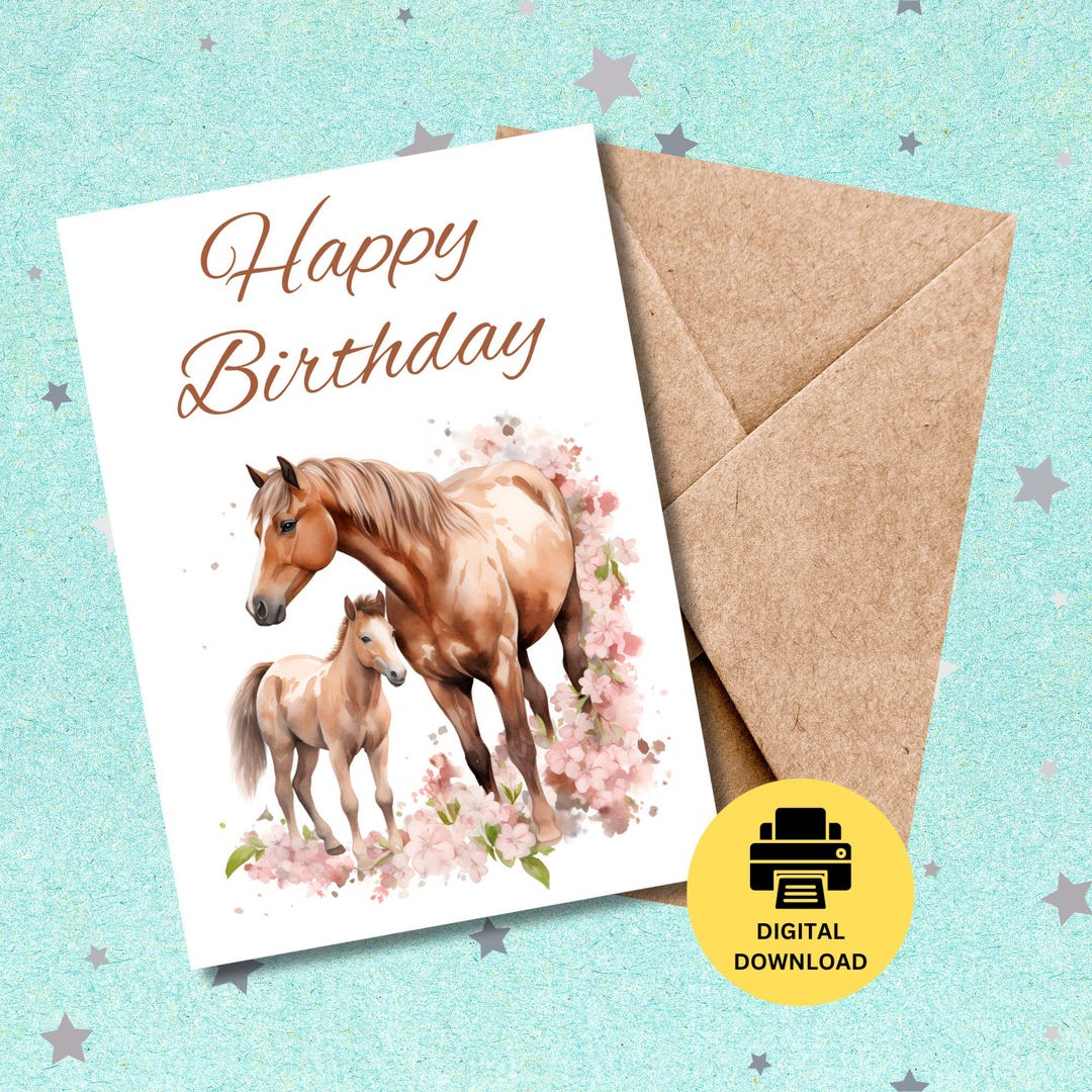 Printable Horse Birthday Card, Downloadable Pony Lover Card, Digital ...