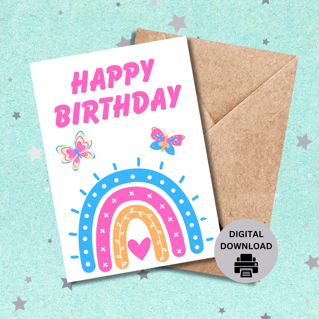 Printable Bright Rainbow Birthday Card, Downloadable Boho Rainbow ...