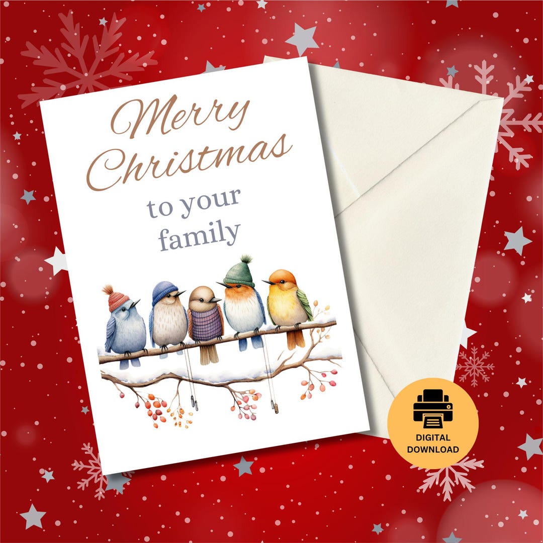 Printable Birds Christmas Card, Downloadable Family Xmas Greetings Card ...