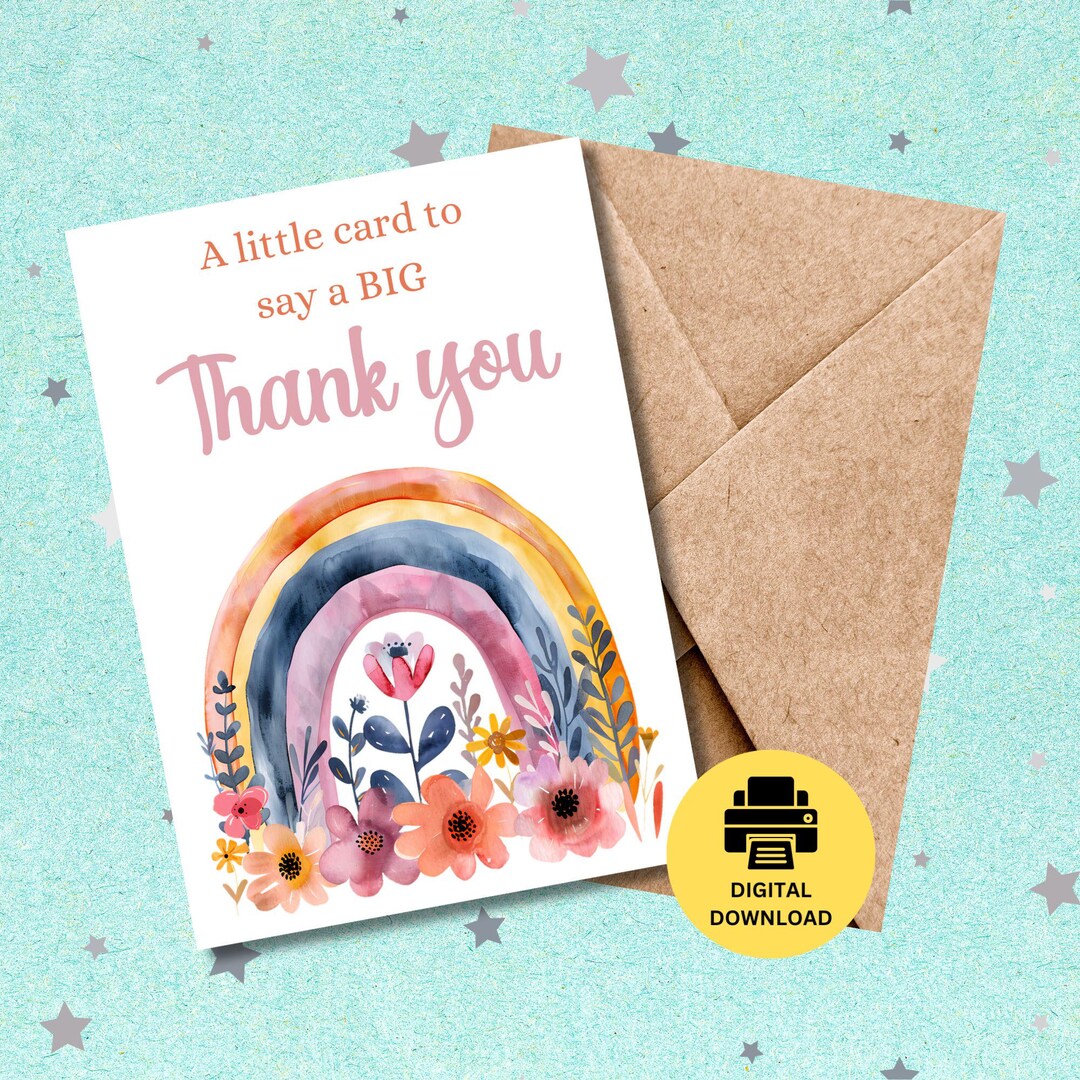 Printable Rainbow Thank You Card, Downloadable Boho Floral Greetings ...
