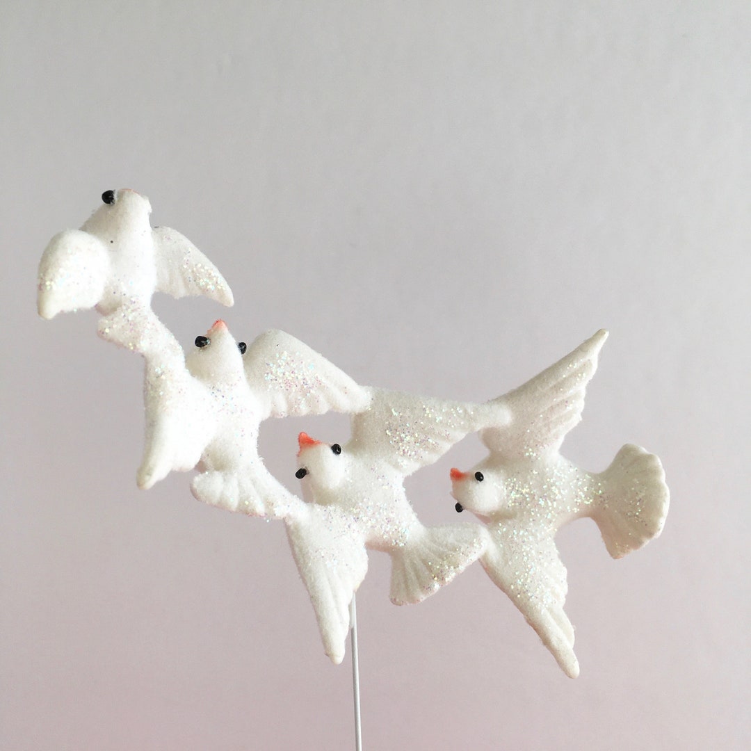 FLOCKED WHITE DOVES Glitter Birds Floral Stems Bridal - Etsy