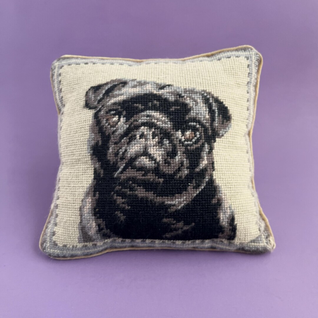 PUG NEEDLEPOINT PILLOW, Handmade Wool Dog Lovers Gift, Vintage Pugs ...