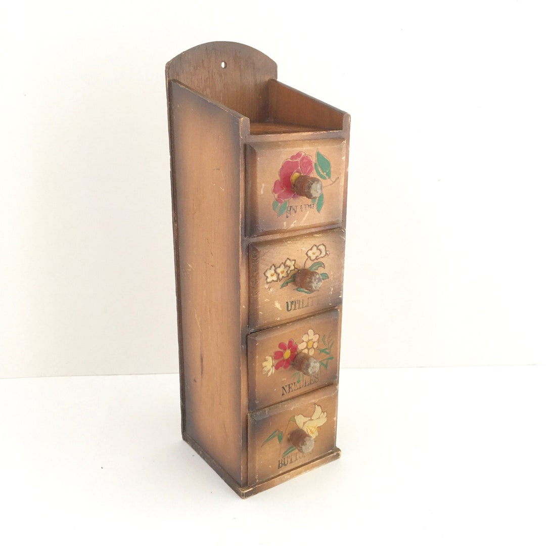 WOODEN BUTTON BOX, Vintage Notions Holder, Tiny Drawers, Sewing ...