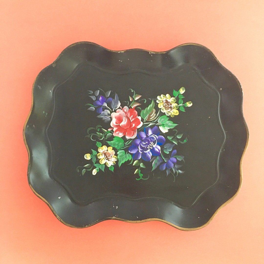 VINTAGE TOLE TRAY, Vintage Hand Painted, Serving Tray, Roses Hydrangeas ...