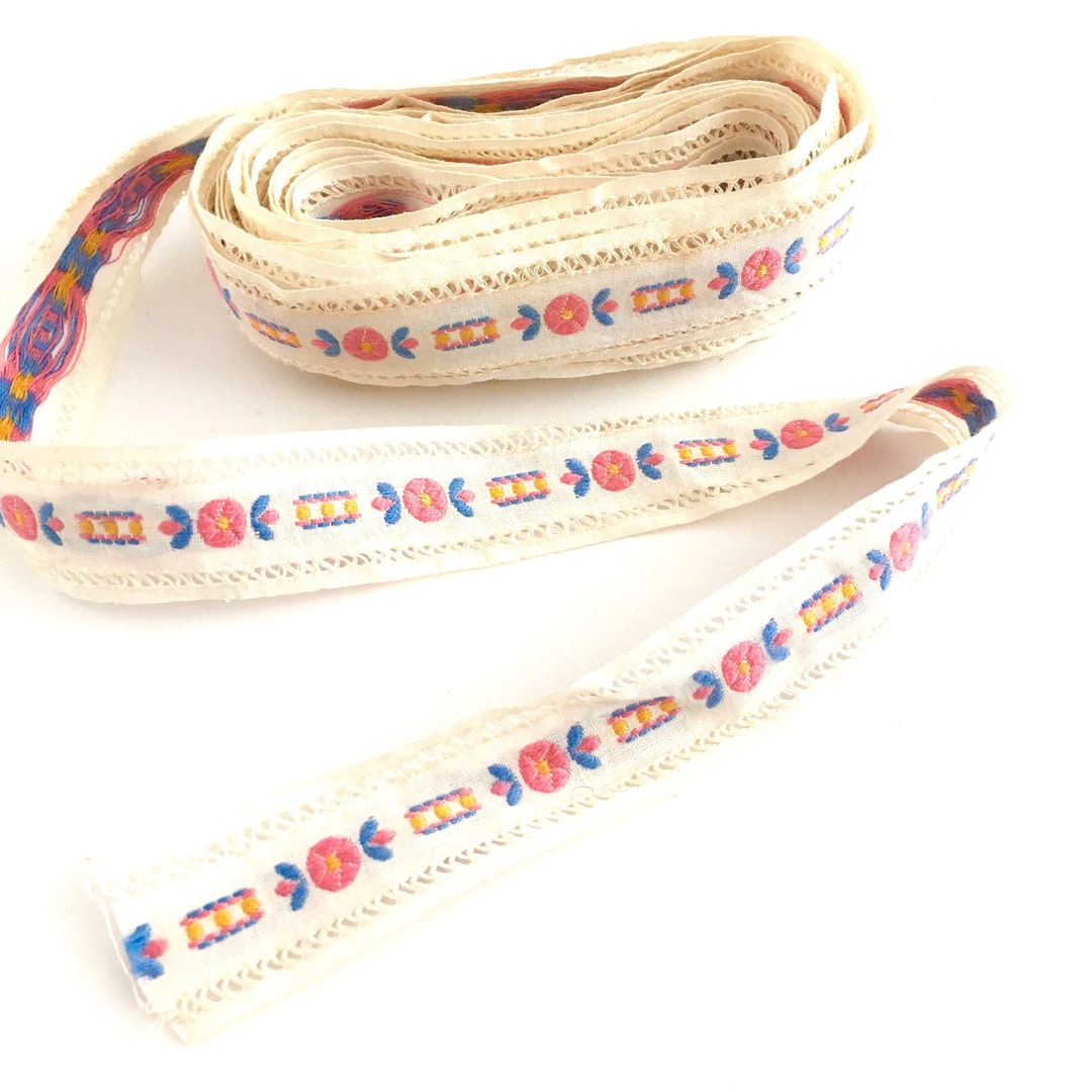 Floral EMBROIDERED TRIM, Pink Blue Flowers, 5 Yards, Fabric RIBBON ...
