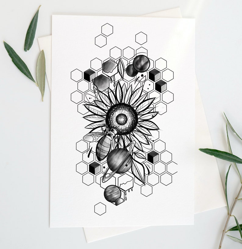 Bumble Bee and Sunflower Tattoo Design Layered File, Graphic Tees, PSD ...