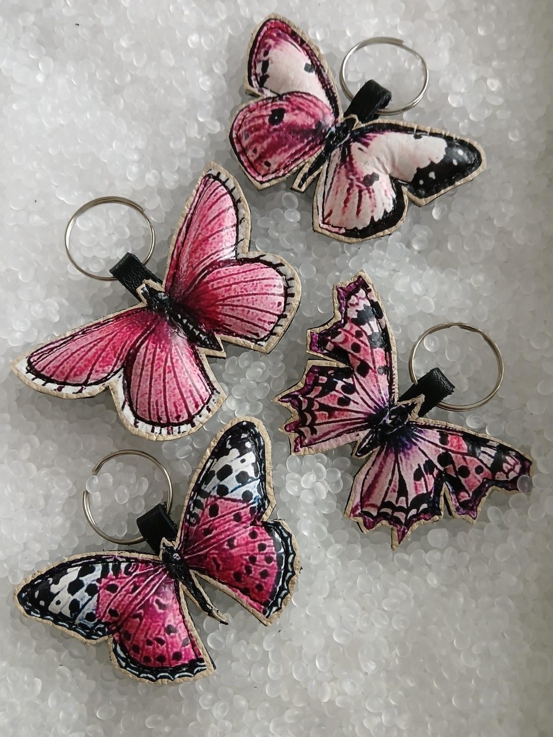 Real Leather Pink Butterfly Keyrings. Padded Leather With Split Ring ...
