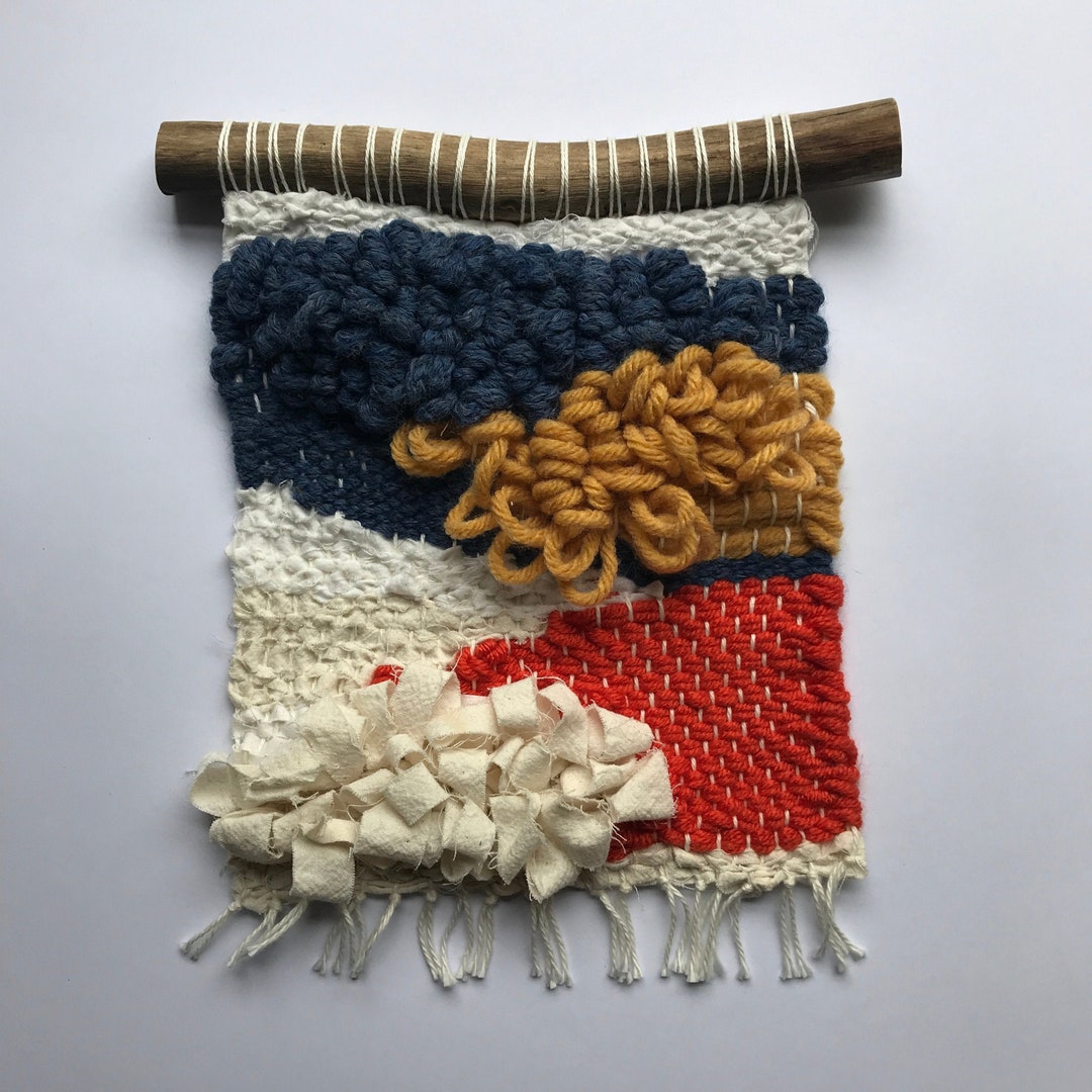 Handmade Woven Wall Hanging: Abstract Fiber Art, Blue, Mustard, Orange ...