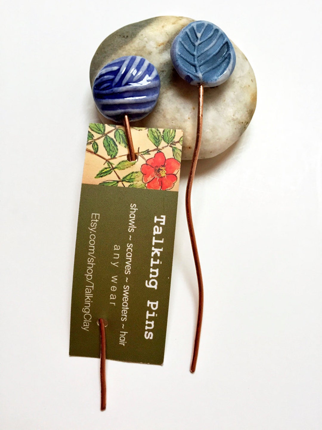 Watercolour Blue Yarn Ball and Leaf Shawl Pin Handmade Clay Knitting ...