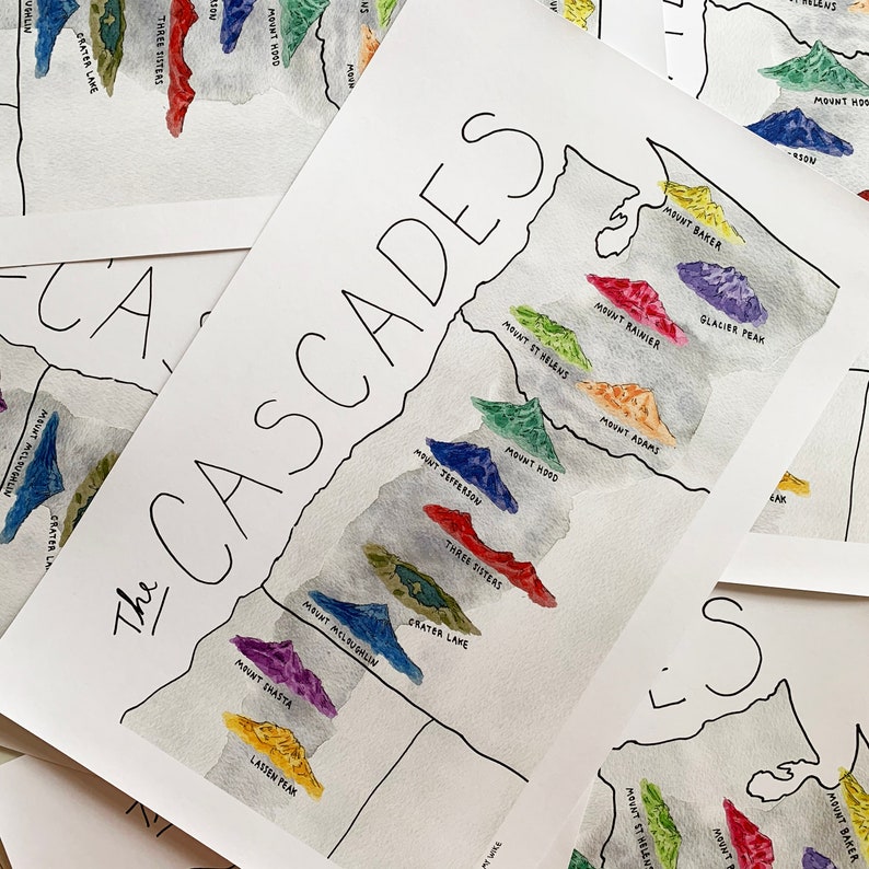 The Cascades Mountain Range Watercolor Poster - Etsy