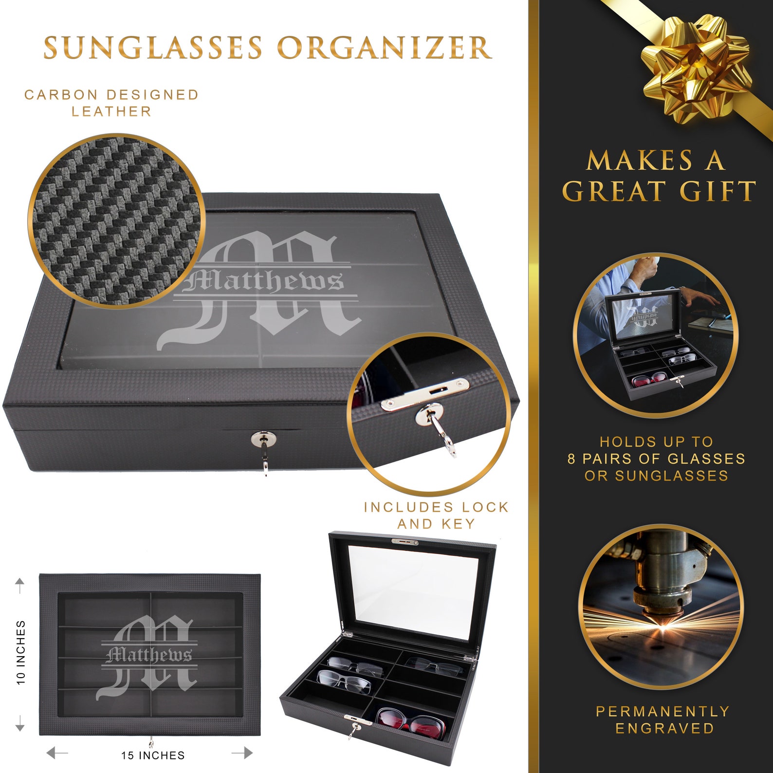 Custom Engraved 8 Slot Sunglasses Box, Multiple Sunglasses Holder ...