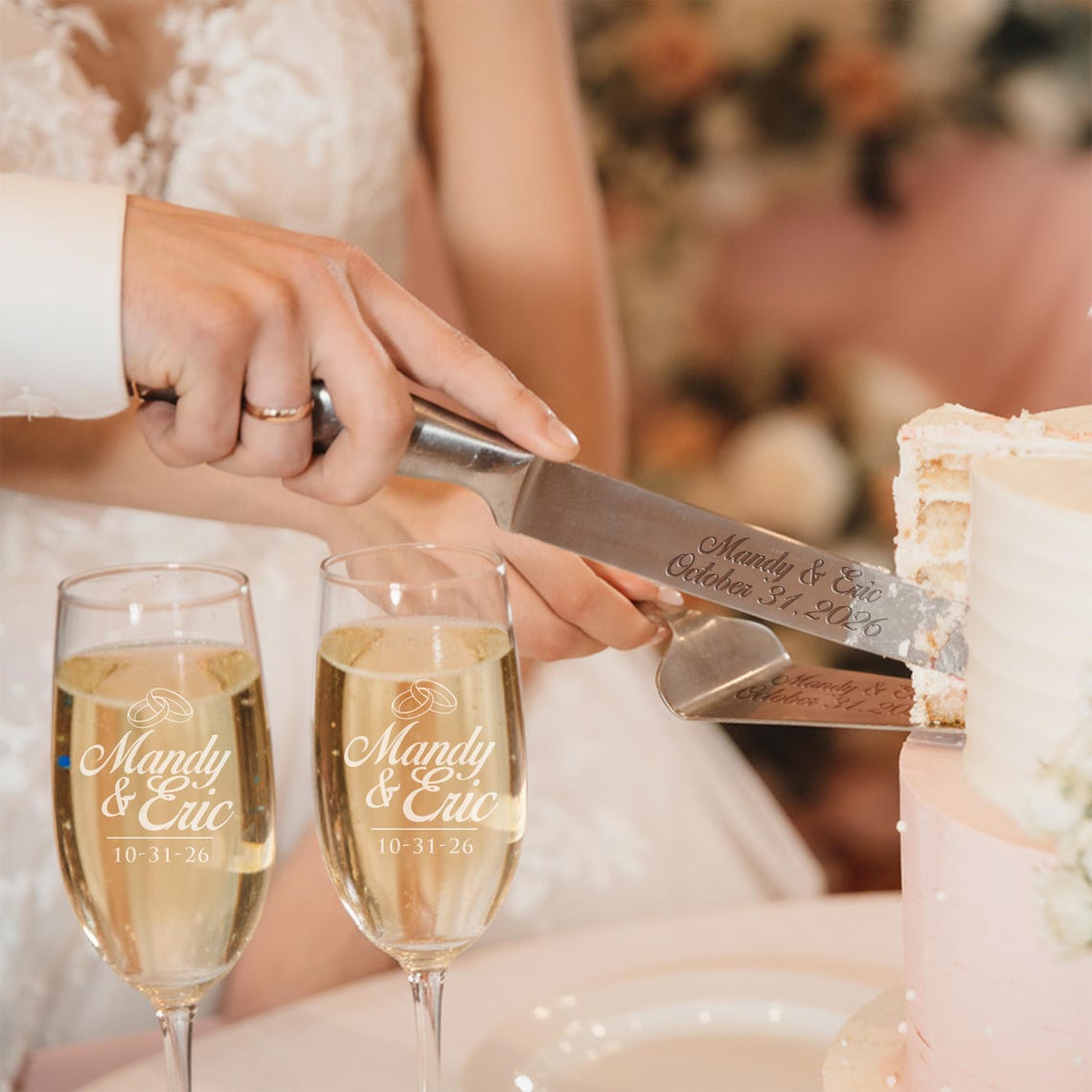 Personalized Wedding Flute and Cake Serving Set, Custom Engraved Flute ...