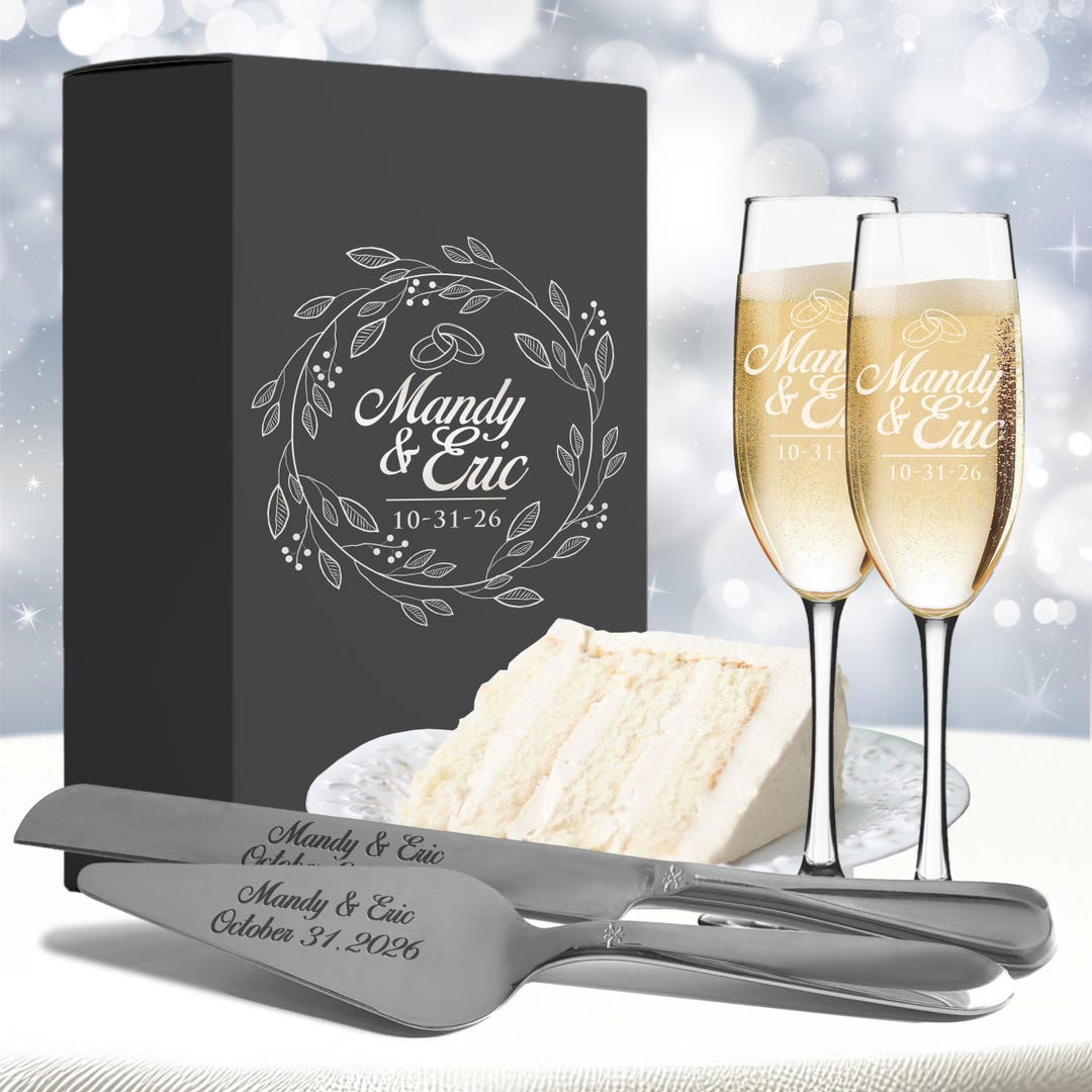 Personalized Wedding Flute and Cake Serving Set, Custom Engraved Flute ...