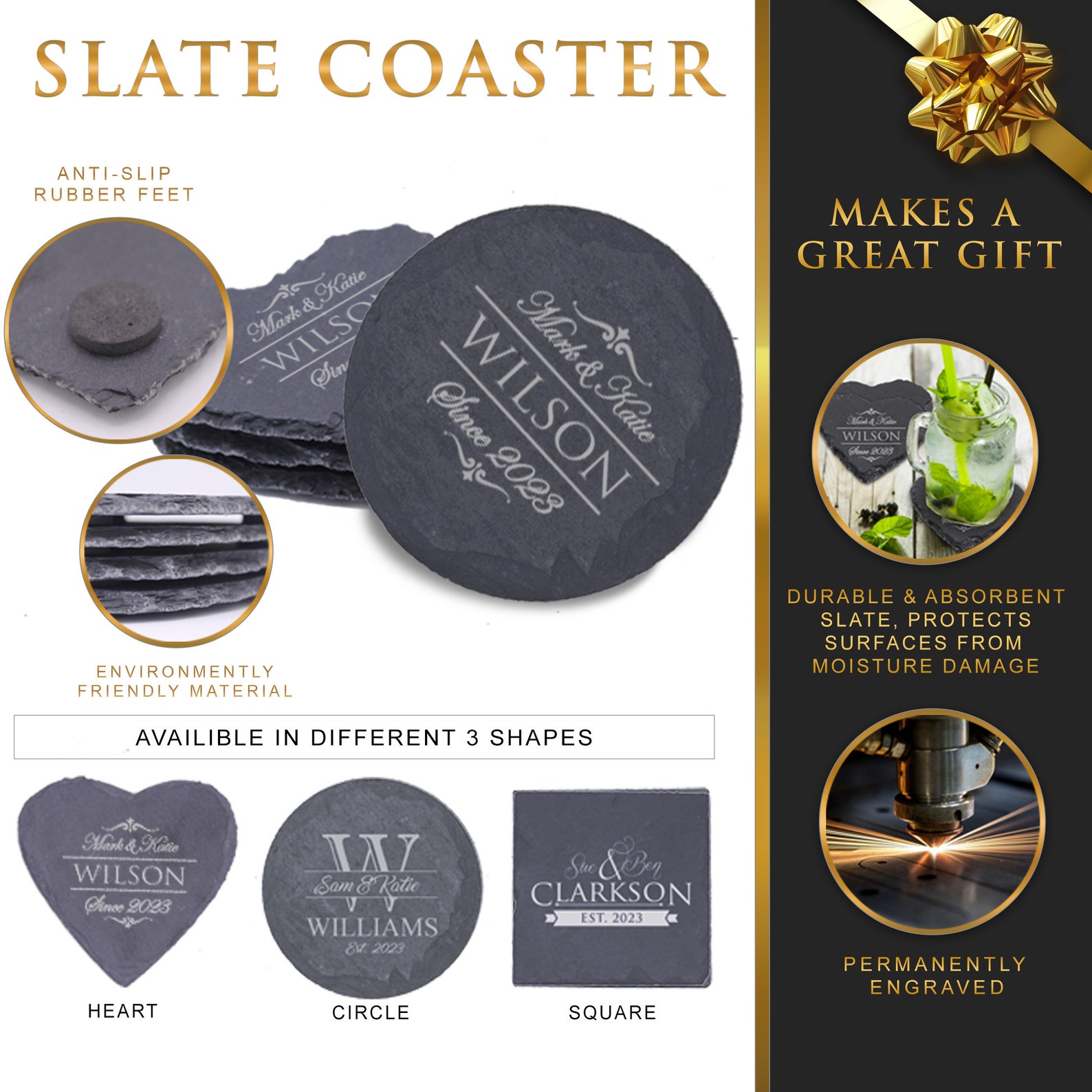 Engraved Slate Coasters, Custom Wedding Gift, Personalized Drink ...