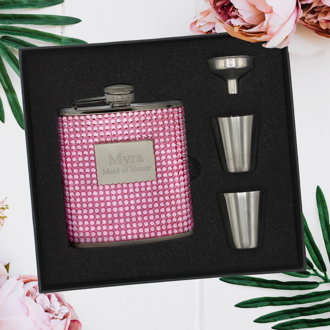 Pink Rhinestone Flask Set, Silver Glitter Flask, Bachelorette Party ...