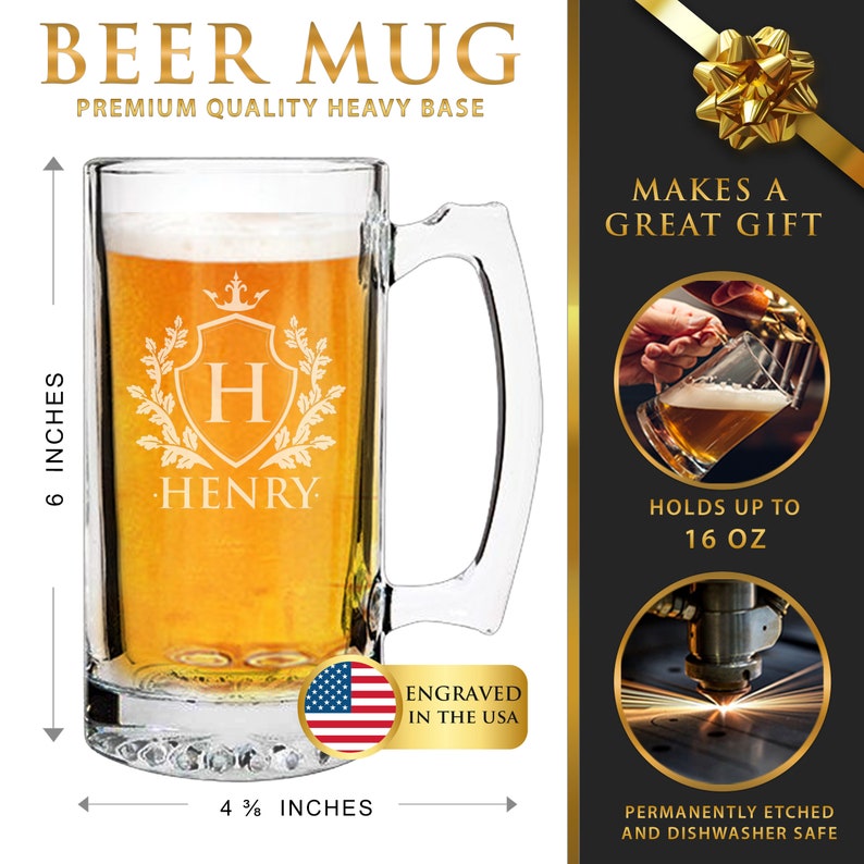 Personalized Beer Mug, Custom Engraved Glass Beer Mug, 12 Oz or 16 Oz ...