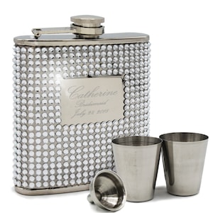 Pink Rhinestone Flask Set, Silver Glitter Flask, Bachelorette Party ...