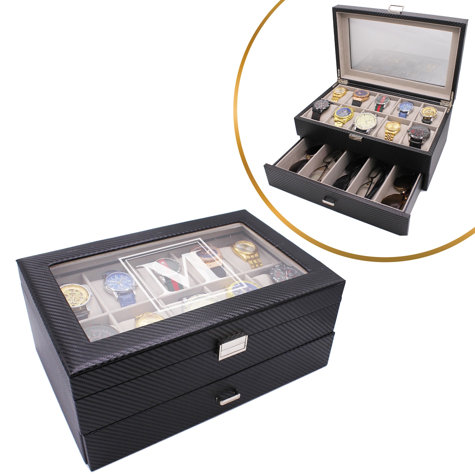 Personalized Watch and Sunglasses Box With Drawer Engraved - Etsy