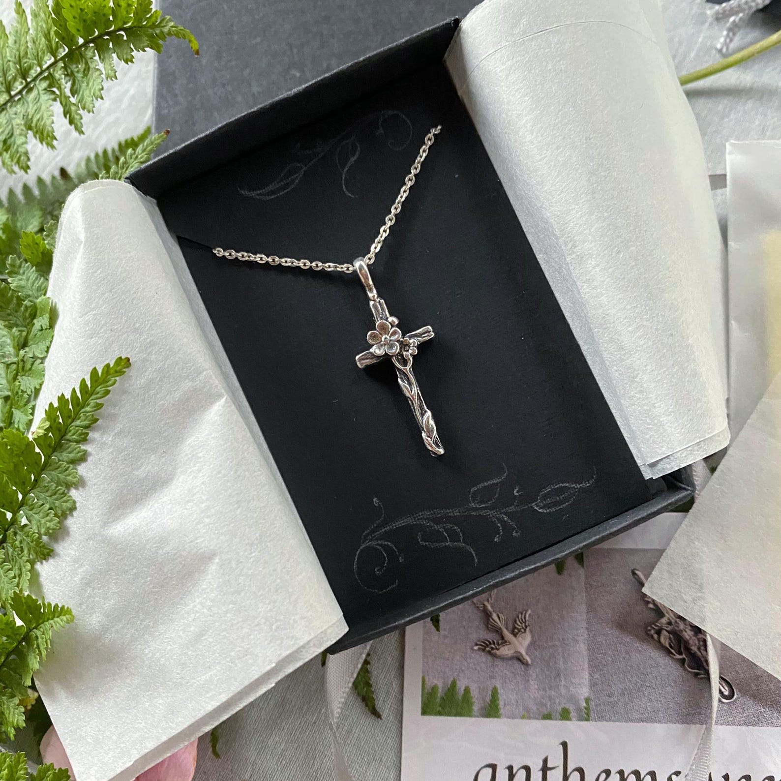 Sterling Silver, Dainty Floral Cross Necklace: Unique Hand Carved ...
