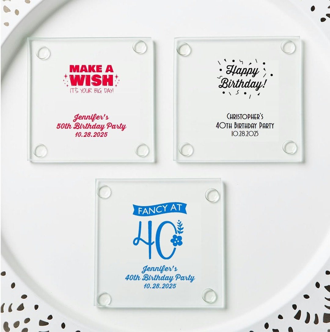 24 Personalized Birthday Party Glass Coasters, Customized Birthday ...