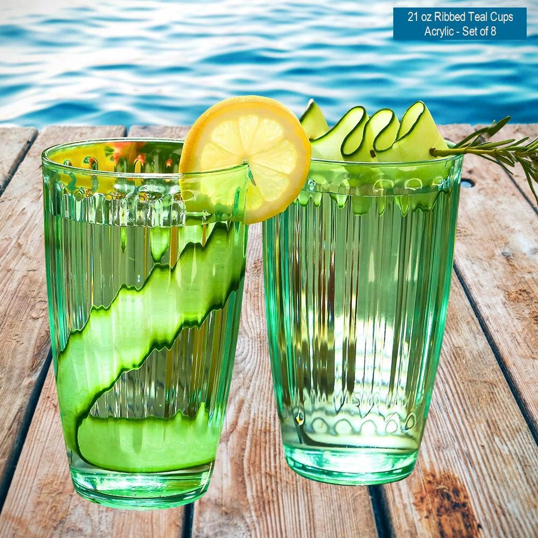 Acrylic Drinkware Glasses Set of 8 (21 Oz), Ribbed Pattern Teal ...