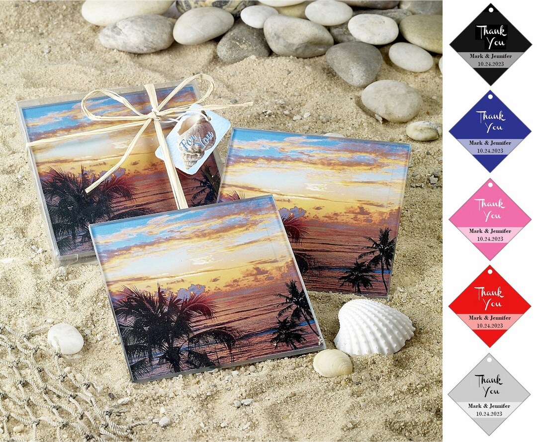 Sunset Beach Design Glass Coasters Set of 2, Tropical Beach Party Glass ...