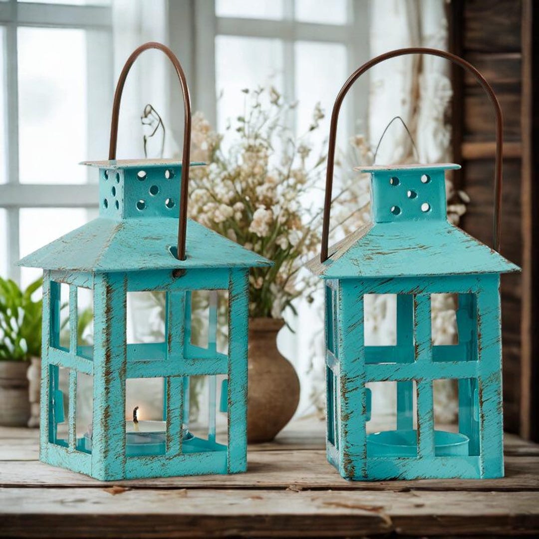 Mini Blue Distressed Lantern: Rustic Wedding Reception Decor - Etsy
