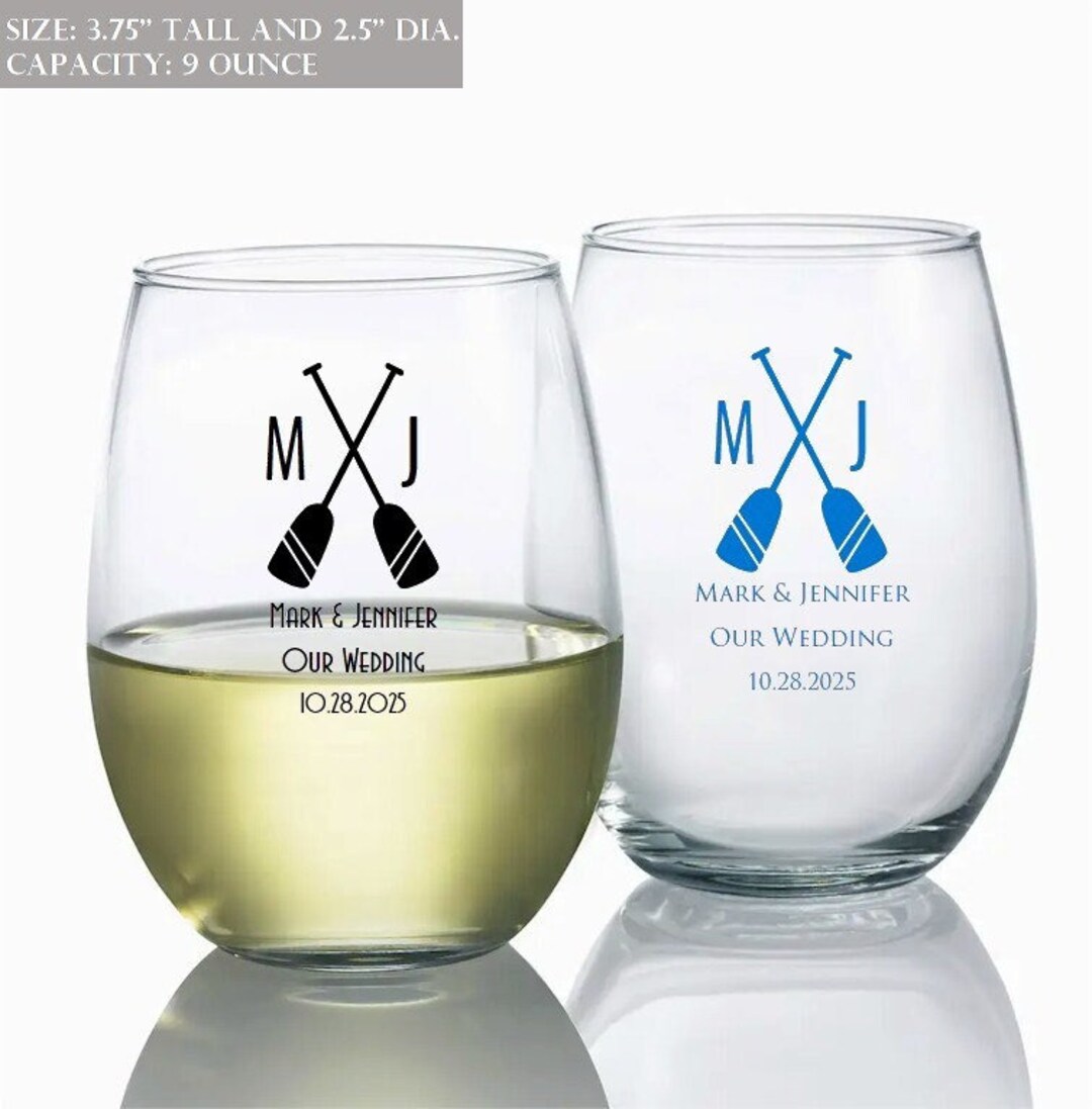 24 Monogrammed Oars Wedding Wine Glasses, Personalized Stemless Wine ...
