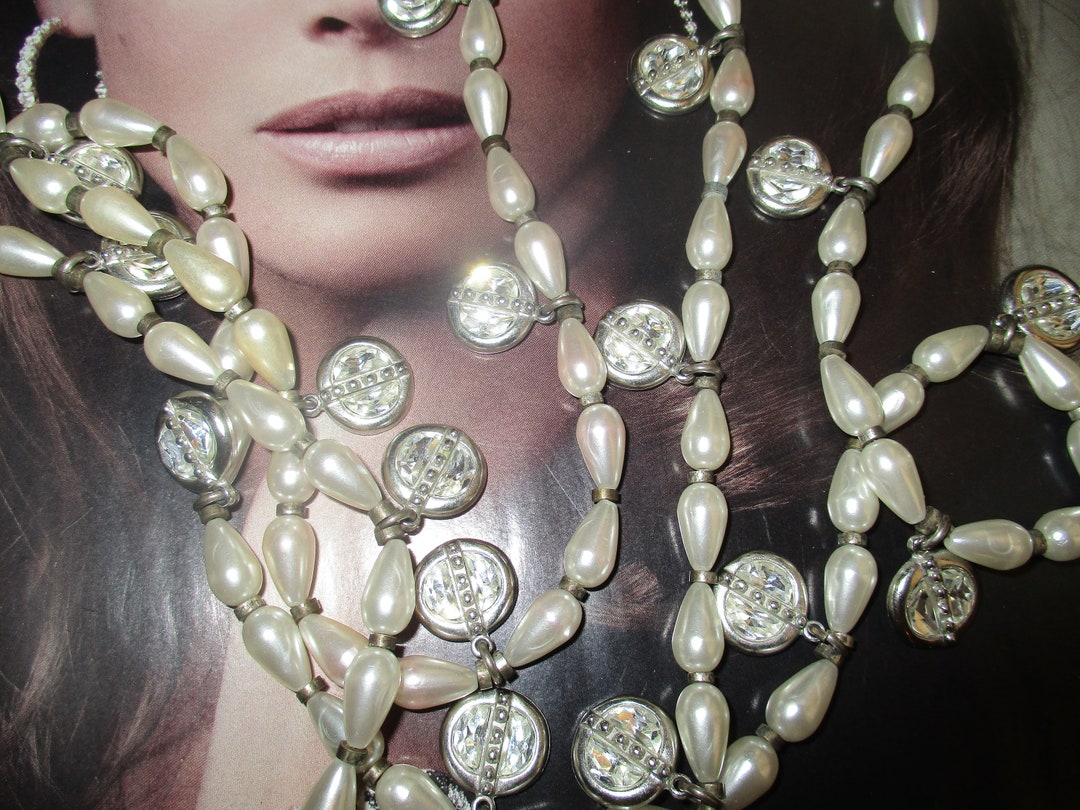 Vintage Icy Crystal & Teardrop Pearl Necklace 3 Strand Drape Satin ...