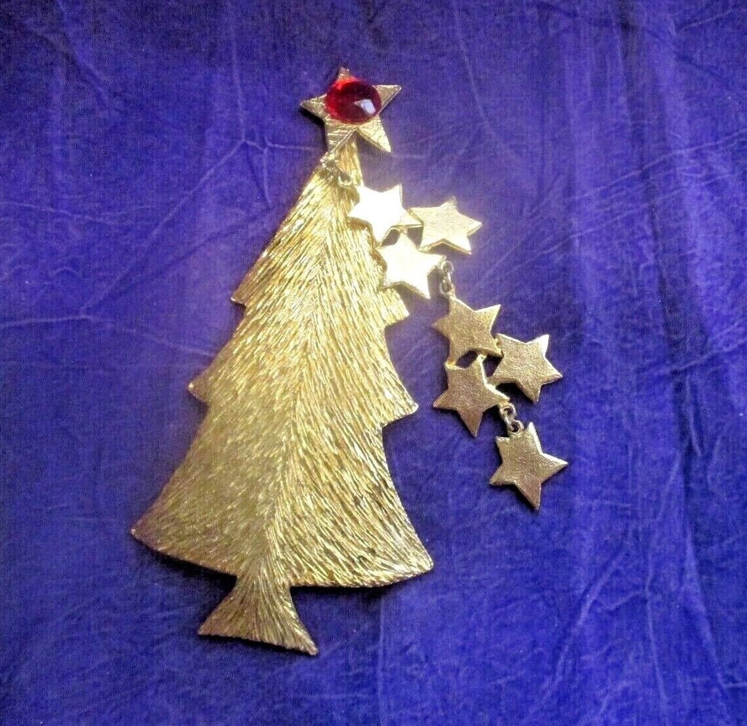 4.5" ULTRACRAFT Christmas Tree Brooch 7 Dangling Stars Ruby Red ...